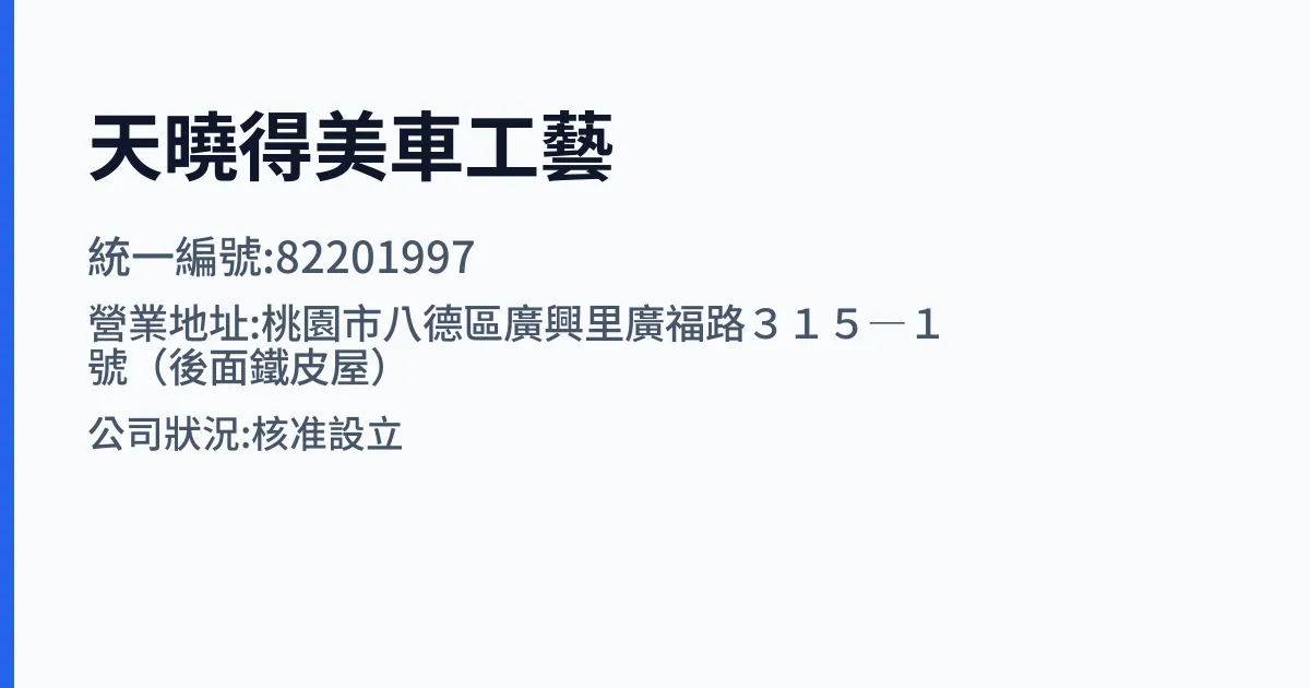 天曉得美車工藝 - 統編 82201997(桃園市) 公司登記資料與營業項目詳細圖表