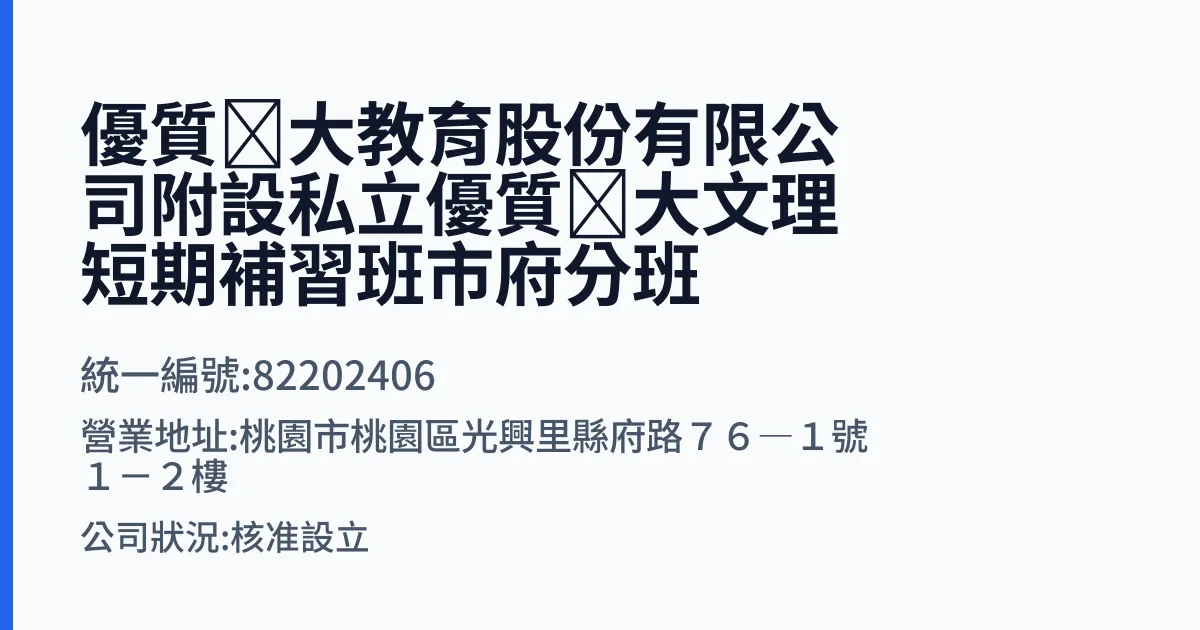 優質坮大教育股份有限公司附設私立優質坮大文理短期補習班市府分班 - 統編 82202406(桃園市) 公司登記資料與營業項目詳細圖表