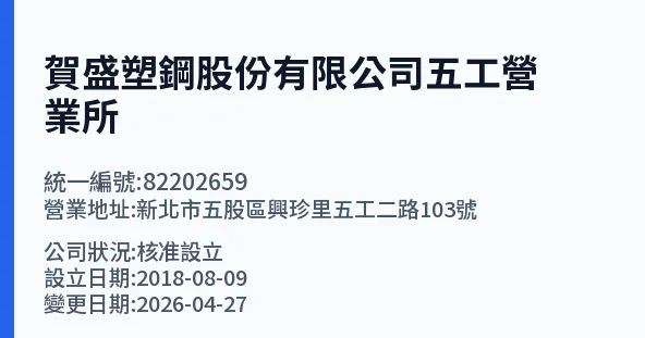 賀盛塑鋼股份有限公司五工營業所的照片-統編 82202659(新北市) 公司登記資料與營業項目詳細圖表