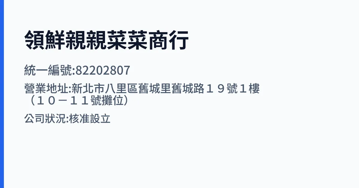 領鮮親親菜菜商行 - 統編 82202807(新北市) 公司登記資料與營業項目詳細圖表