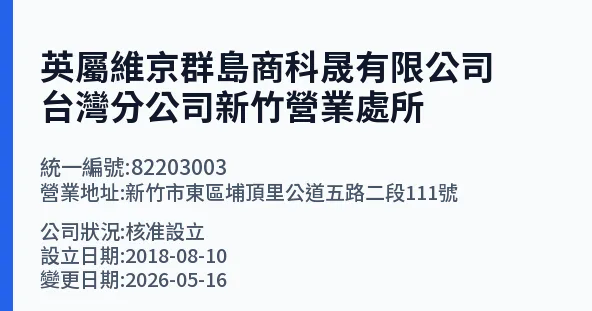 英屬維京群島商科晟有限公司台灣分公司新竹營業處所的照片-統編 82203003(新竹市) 公司登記資料與營業項目詳細圖表