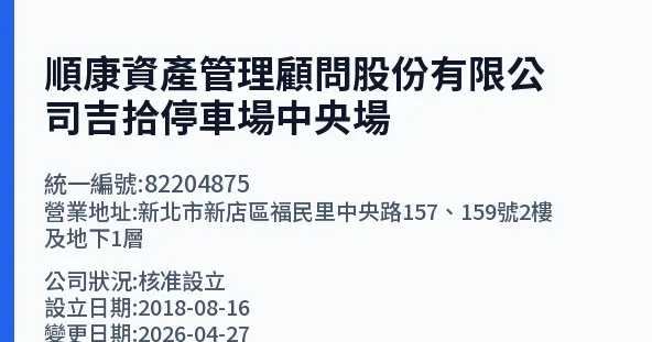 順康資產管理顧問股份有限公司吉拾停車場中央場的照片-統編 82204875(新北市) 公司登記資料與營業項目詳細圖表