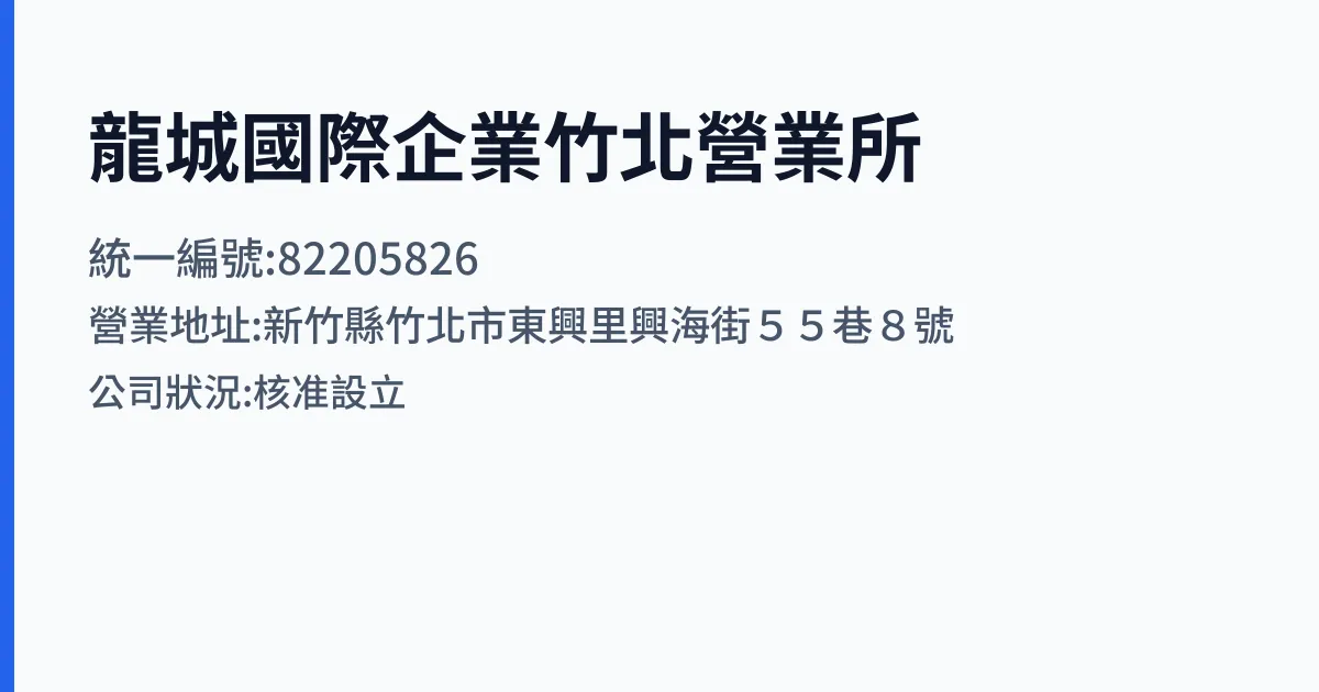 龍城國際企業竹北營業所 - 統編 82205826(新竹縣) 公司登記資料與營業項目詳細圖表