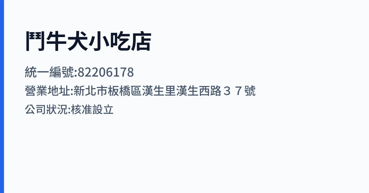 鬥牛犬小吃店 - 統編 82206178(新北市) 公司登記資料與營業項目詳細圖表