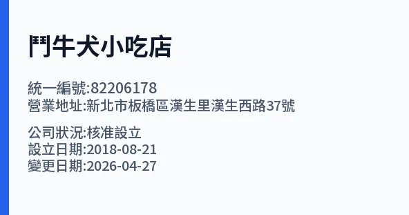 鬥牛犬小吃店的照片-統編 82206178(新北市) 公司登記資料與營業項目詳細圖表