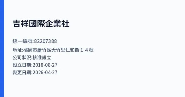 吉祥國際企業社的照片-統編 82207388(桃園市) 公司登記資料與營業項目詳細圖表