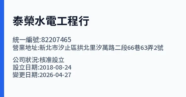 泰榮水電工程行的照片-統編 82207465(新北市) 公司登記資料與營業項目詳細圖表