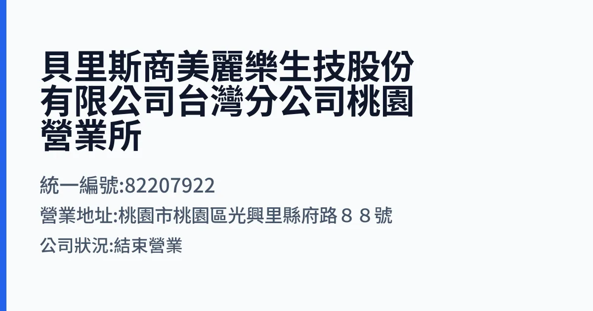 貝里斯商美麗樂生技股份有限公司台灣分公司桃園營業所 - 統編 82207922(桃園市) 公司登記資料與營業項目詳細圖表