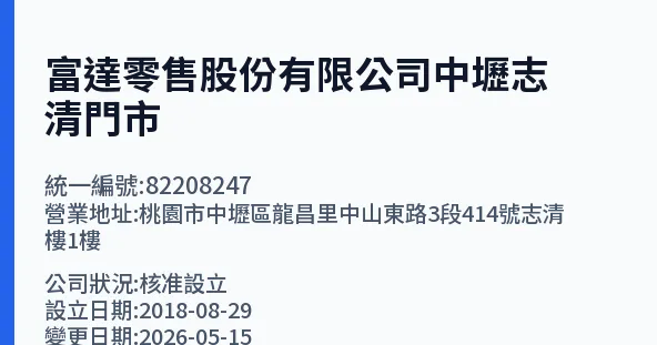 富達零售股份有限公司中壢志清門市的照片-統編 82208247(桃園市) 公司登記資料與營業項目詳細圖表
