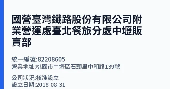 國營臺灣鐵路股份有限公司附業營運處臺北餐旅分處中壢販賣部的照片-統編 82208605(桃園市) 公司登記資料與營業項目詳細圖表