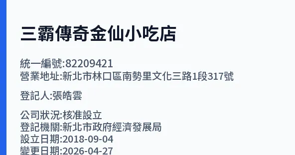 三霸傳奇金仙小吃店的照片-統編 82209421(新北市) 公司登記資料與營業項目詳細圖表