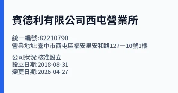賓德利有限公司西屯營業所的照片-統編 82210790(臺中市) 公司登記資料與營業項目詳細圖表