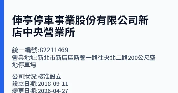 俥亭停車事業股份有限公司新店中央營業所的照片-統編 82211469(新北市) 公司登記資料與營業項目詳細圖表