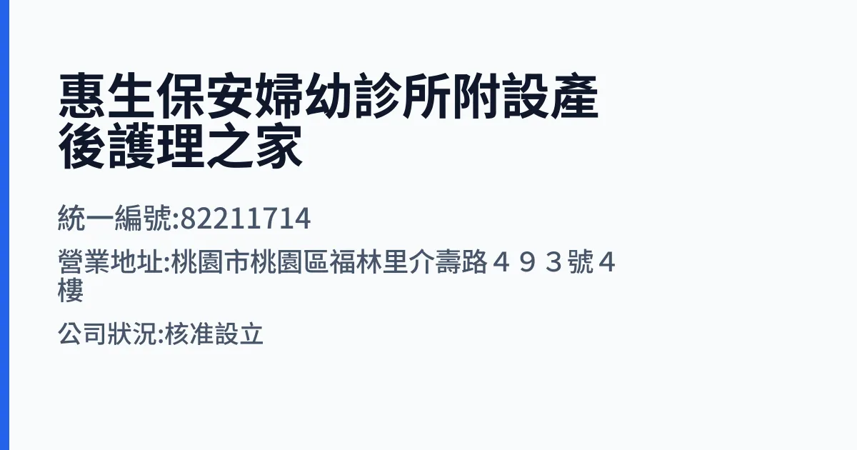 惠生保安婦幼診所附設產後護理之家 - 統編 82211714(桃園市) 公司登記資料與營業項目詳細圖表