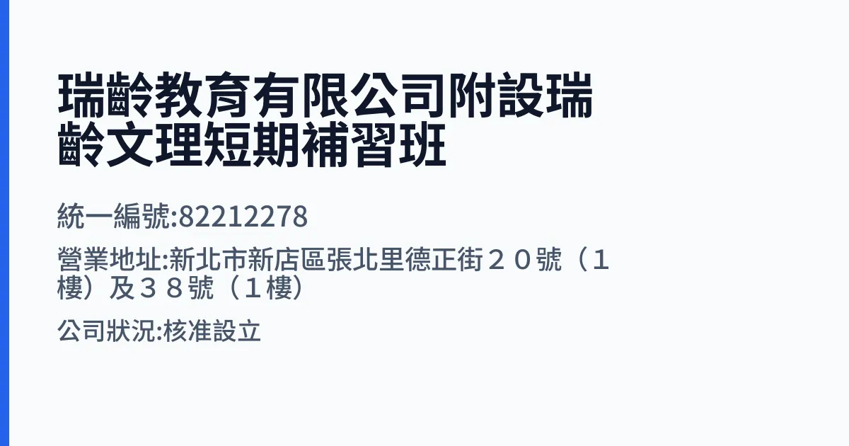 瑞齡教育有限公司附設瑞齡文理短期補習班 - 統編 82212278(新北市) 公司登記資料與營業項目詳細圖表