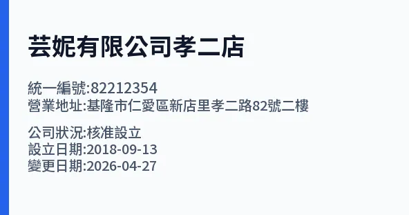 芸妮有限公司孝二店的照片-統編 82212354(基隆市) 公司登記資料與營業項目詳細圖表