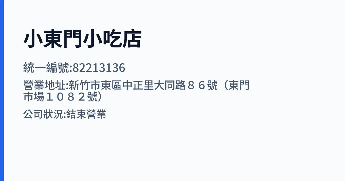 小東門小吃店 - 統編 82213136(新竹市) 公司登記資料與營業項目詳細圖表