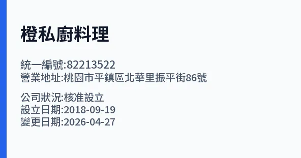 橙私廚料理的照片-統編 82213522(桃園市) 公司登記資料與營業項目詳細圖表