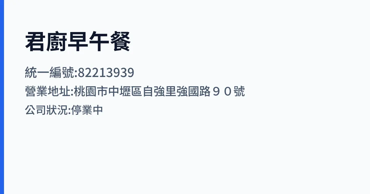 君廚早午餐 - 統編 82213939(桃園市) 公司登記資料與營業項目詳細圖表