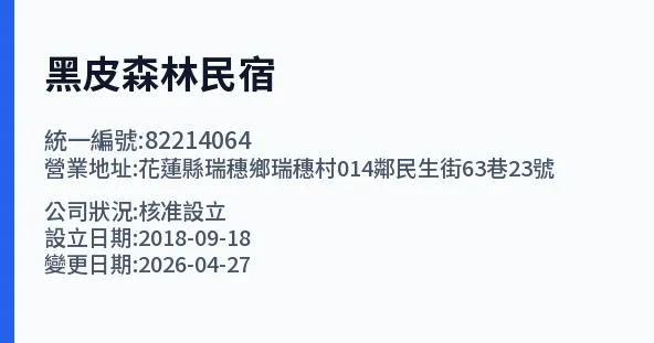 黑皮森林民宿的照片-統編 82214064(花蓮縣) 公司登記資料與營業項目詳細圖表