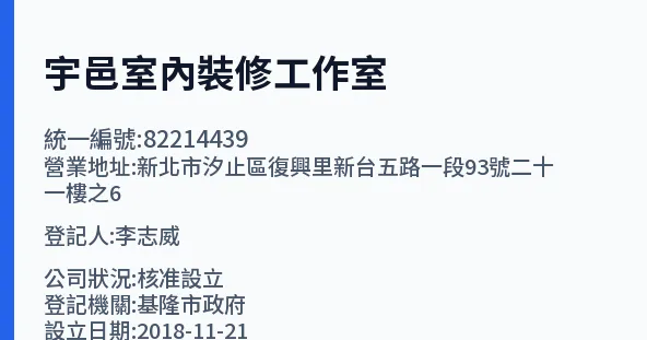 宇邑室內裝修工作室的照片-統編 82214439(新北市) 公司登記資料與營業項目詳細圖表