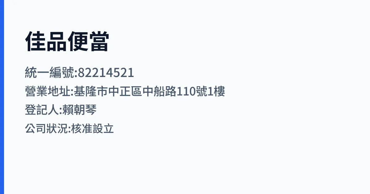 佳品便當 - 統編 82214521(基隆市) 公司登記資料與營業項目詳細圖表