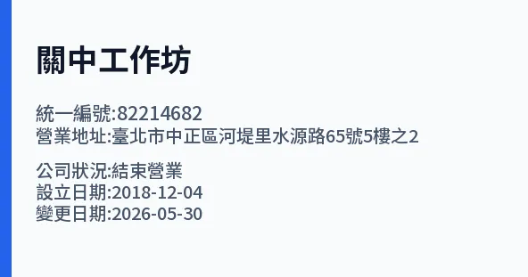 關中工作坊的照片-統編 82214682(臺北市) 公司登記資料與營業項目詳細圖表