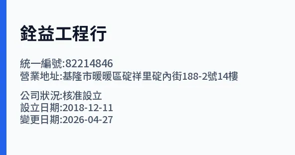銓益工程行的照片-統編 82214846(基隆市) 公司登記資料與營業項目詳細圖表