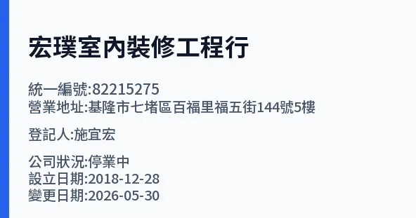 宏璞室內裝修工程行的照片-統編 82215275(基隆市) 公司登記資料與營業項目詳細圖表