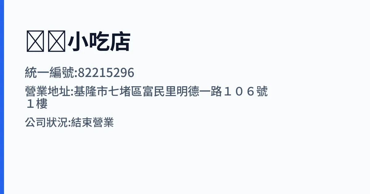 䒩㖀小吃店 - 統編 82215296(基隆市) 公司登記資料與營業項目詳細圖表