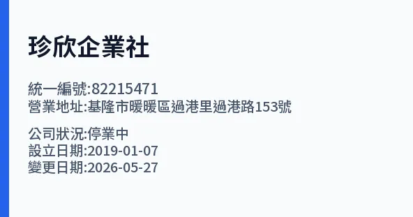 珍欣企業社的照片-統編 82215471(基隆市) 公司登記資料與營業項目詳細圖表