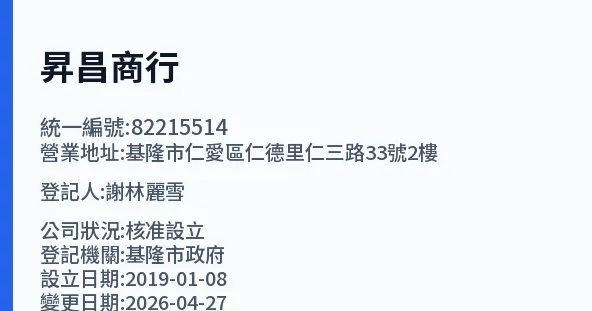 昇昌商行的照片-統編 82215514(基隆市) 公司登記資料與營業項目詳細圖表