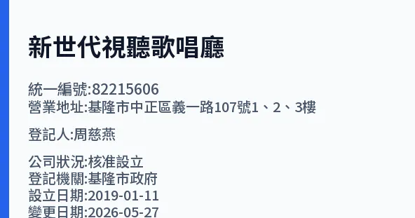 新世代視聽歌唱廳的照片-統編 82215606(基隆市) 公司登記資料與營業項目詳細圖表