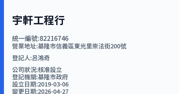 宇軒工程行的照片-統編 82216746(基隆市) 公司登記資料與營業項目詳細圖表
