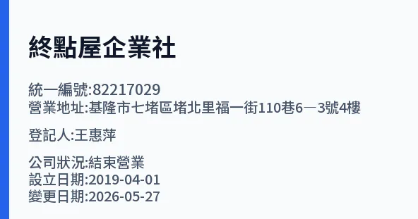 終點屋企業社的照片-統編 82217029(基隆市) 公司登記資料與營業項目詳細圖表