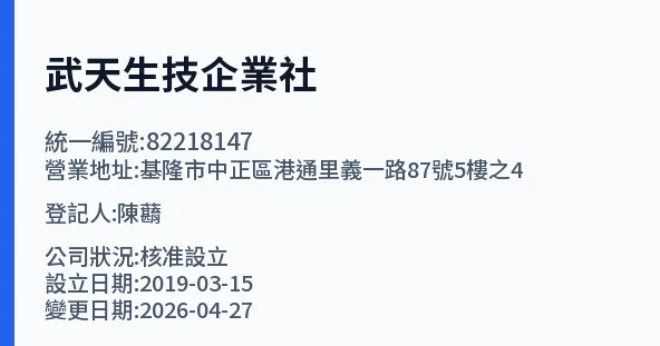 武天生技企業社的照片-統編 82218147(基隆市) 公司登記資料與營業項目詳細圖表