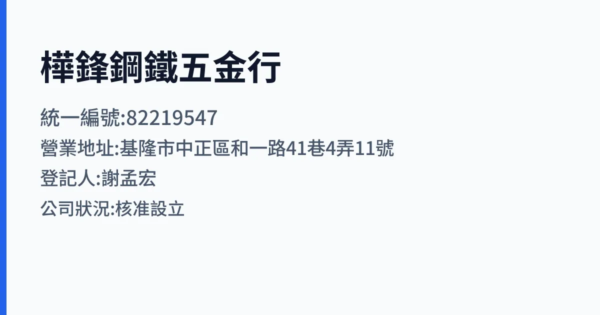 樺鋒鋼鐵五金行 - 統編 82219547(基隆市) 公司登記資料與營業項目詳細圖表
