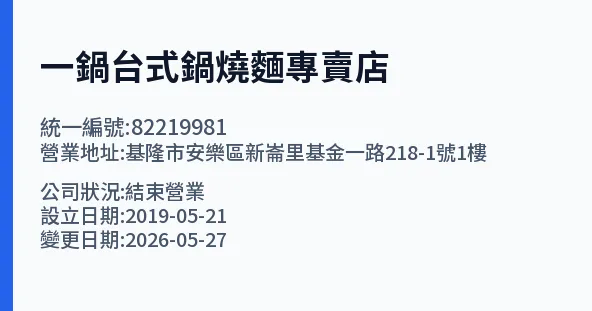 一鍋台式鍋燒麵專賣店的照片-統編 82219981(基隆市) 公司登記資料與營業項目詳細圖表