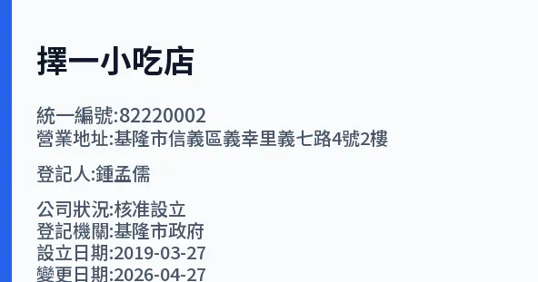 擇一小吃店的照片-統編 82220002(基隆市) 公司登記資料與營業項目詳細圖表