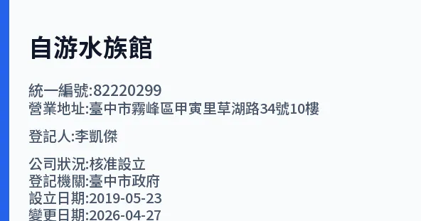 自游水族館的照片-統編 82220299(臺中市) 公司登記資料與營業項目詳細圖表