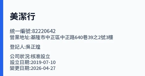 美潔行的照片-統編 82220642(基隆市) 公司登記資料與營業項目詳細圖表