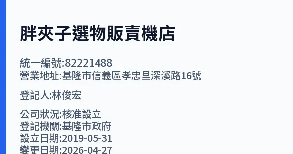 胖夾子選物販賣機店的照片-統編 82221488(基隆市) 公司登記資料與營業項目詳細圖表