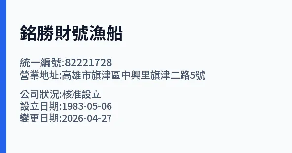 銘勝財號漁船的照片-統編 82221728(高雄市) 公司登記資料與營業項目詳細圖表