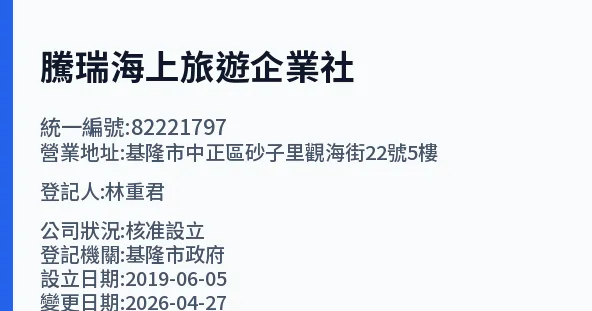 騰瑞海上旅遊企業社的照片-統編 82221797(基隆市) 公司登記資料與營業項目詳細圖表
