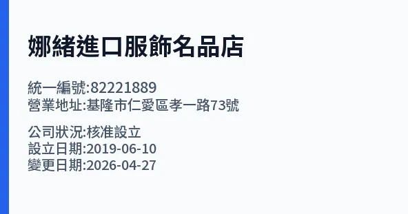 娜緒進口服飾名品店的照片-統編 82221889(基隆市) 公司登記資料與營業項目詳細圖表