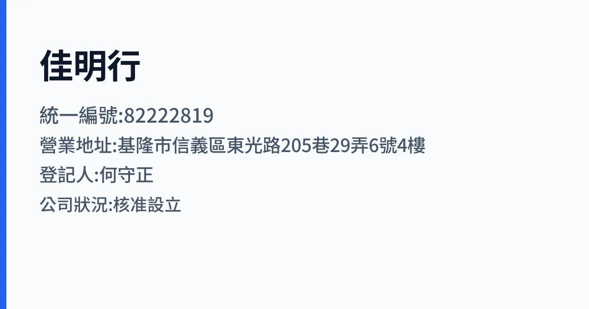 佳明行 - 統編 82222819(基隆市) 公司登記資料與營業項目詳細圖表