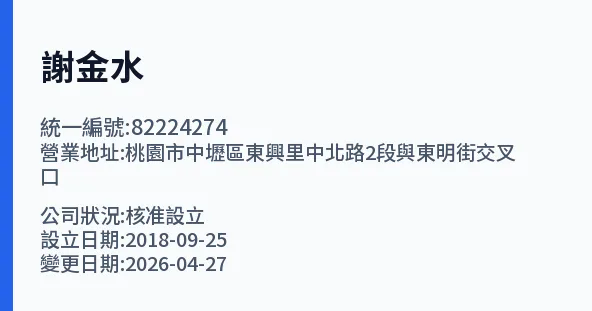 謝金水的照片-統編 82224274(桃園市) 公司登記資料與營業項目詳細圖表