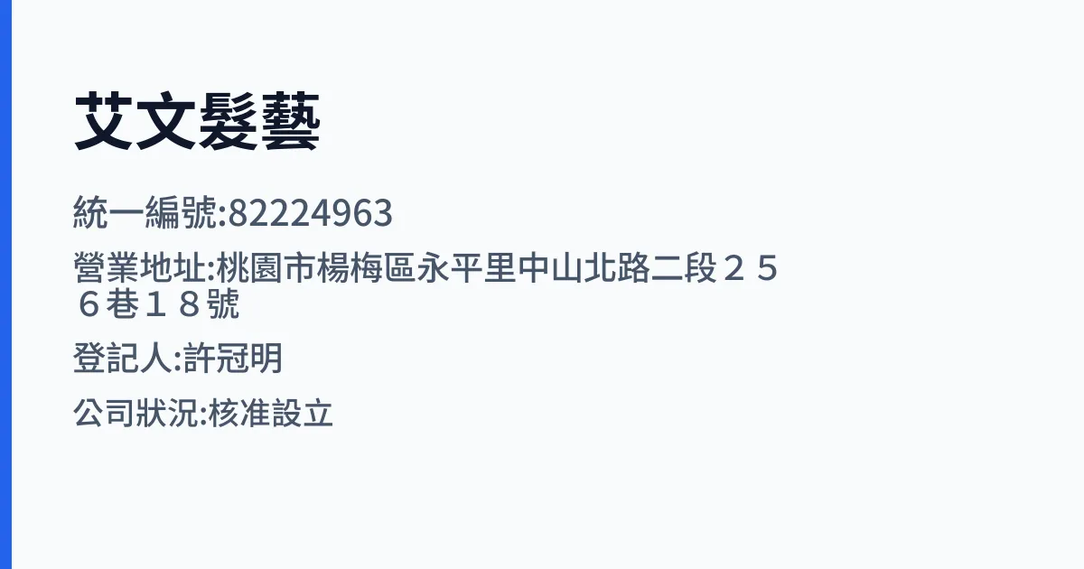 艾文髮藝 - 統編 82224963(桃園市) 公司登記資料與營業項目詳細圖表