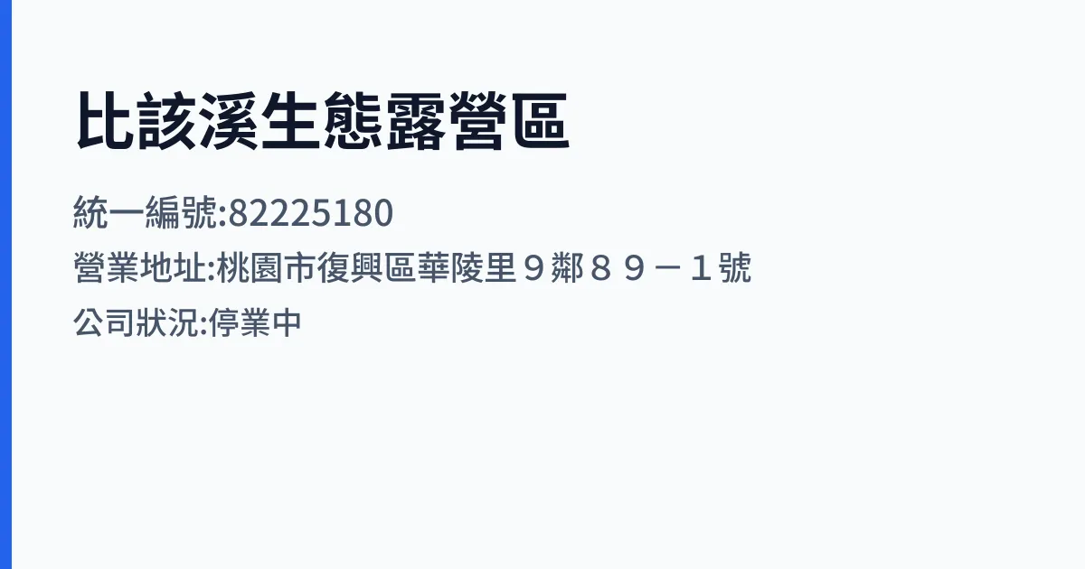 比該溪生態露營區 - 統編 82225180(桃園市) 公司登記資料與營業項目詳細圖表