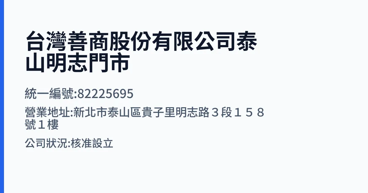 台灣善商股份有限公司泰山明志門市 - 統編 82225695(新北市) 公司登記資料與營業項目詳細圖表
